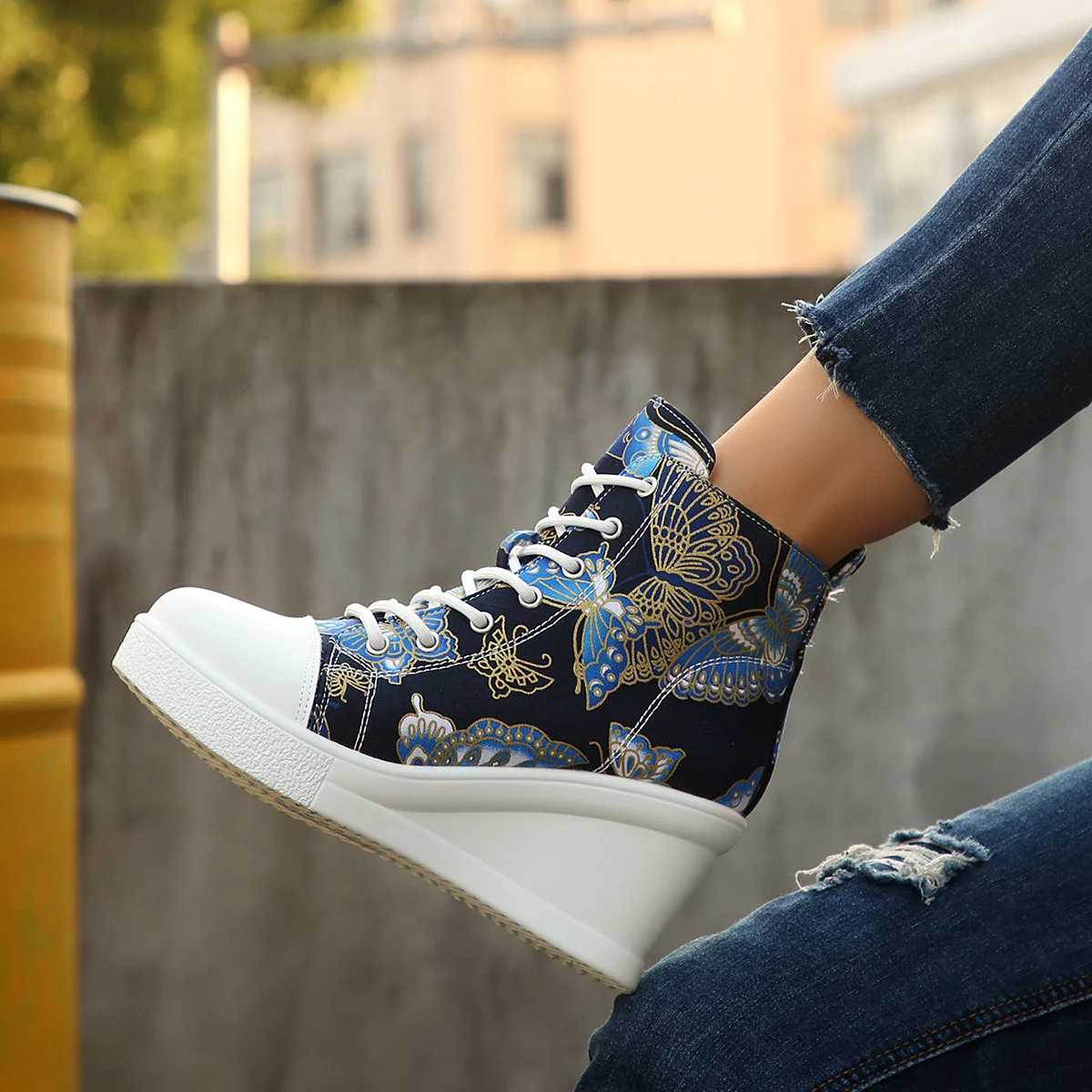 Large Wedges High Top Canvas Shoes for Women Autumn Fashion Versatile ...