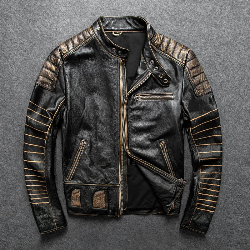 Gu.seemio Vintage Motorcycle Jacket Men Leather Jacket 100% Cowhide ...