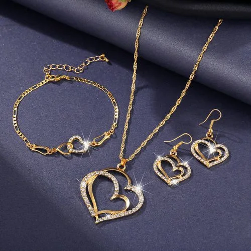 European and American Fashion Heart 3-Piece Set Necklace Earrings ...