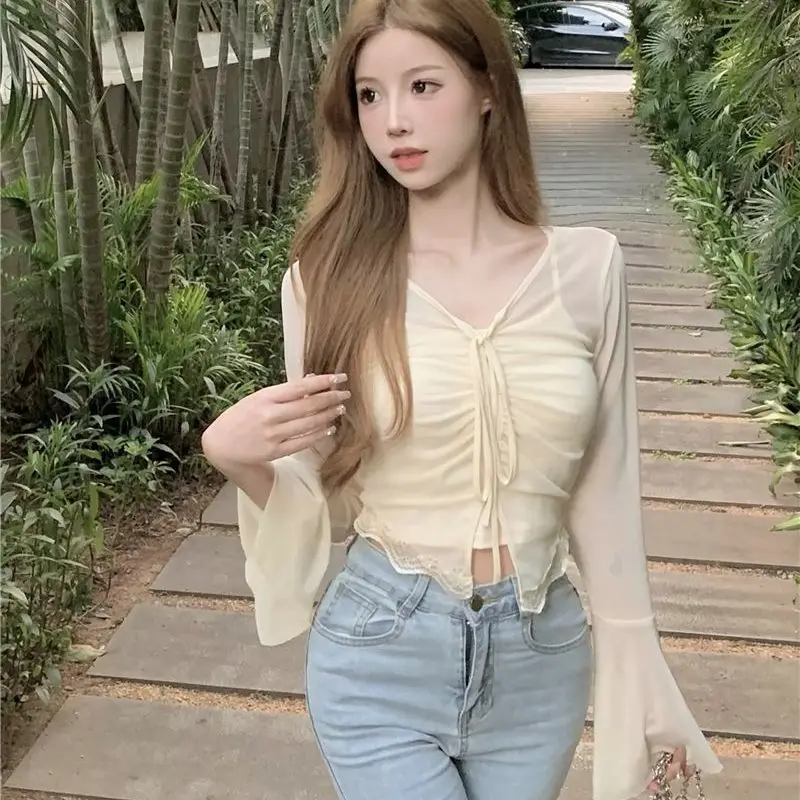 Slim Body Suit for Women in Summer New Lace-up Mesh Thin Long-sleeved T ...