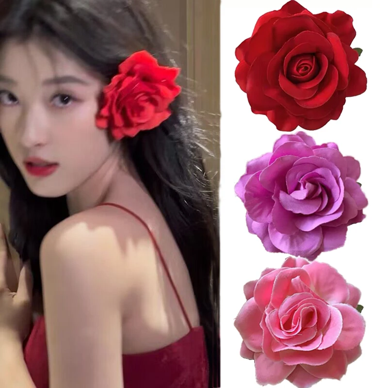 New-Trendy-Red-Rose-Hair-Clip-Vintage-Holiday-Style-Big-Flower-Side ...