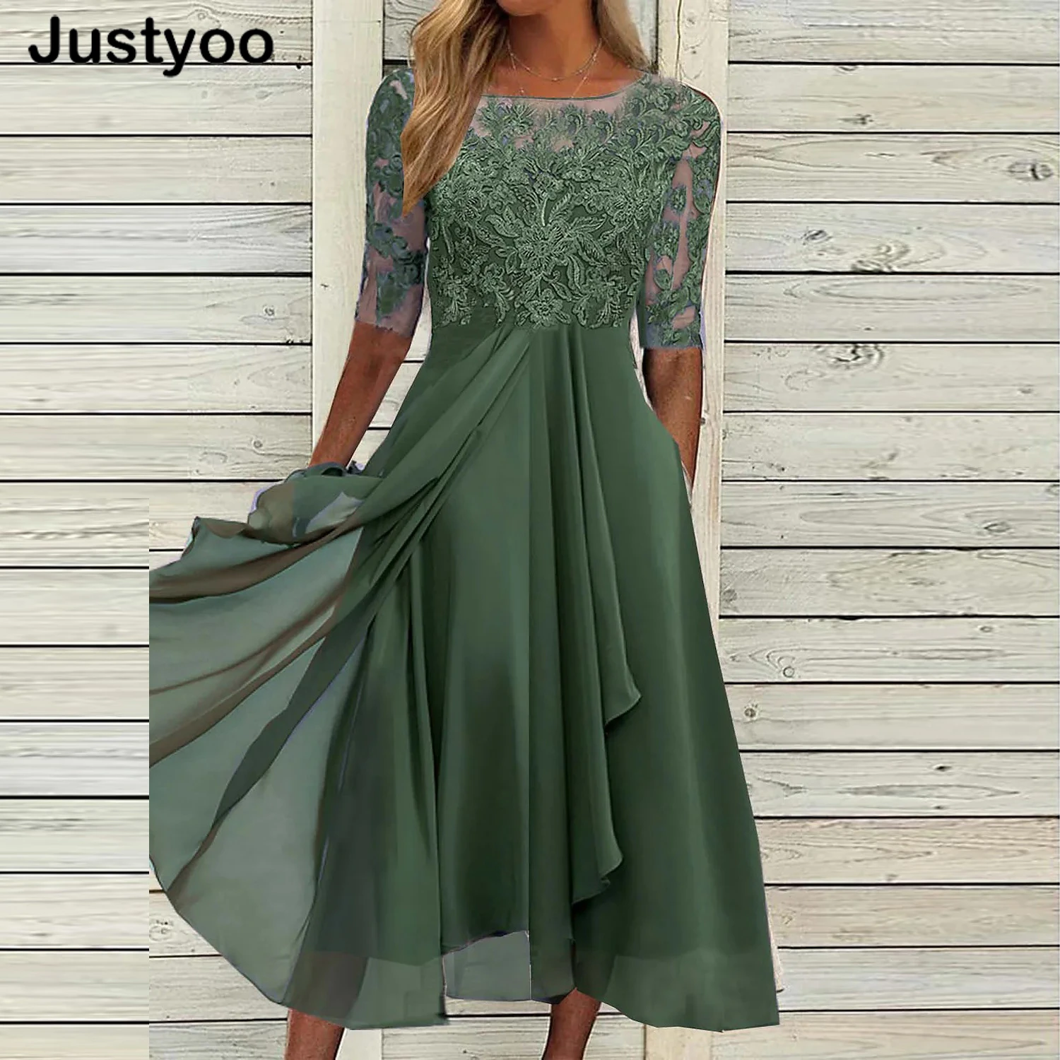 New Elegant Green Party Dress Women O Neck Lace Half Sleeve Prom ...