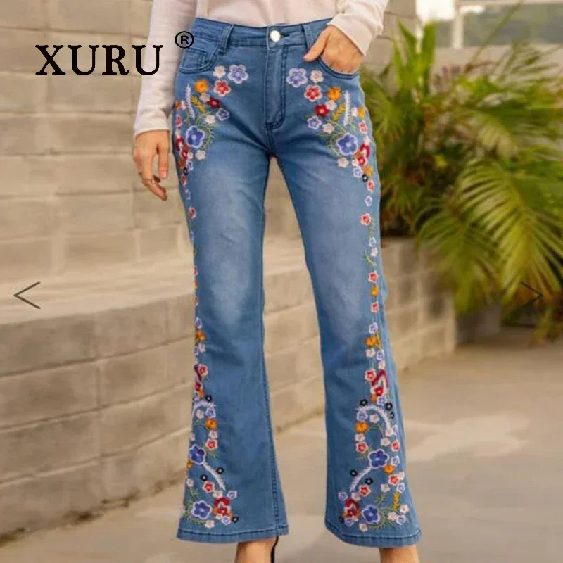 XURU-Embroidered-Slim-Fit-Flare-Jeans-for-Women-Street-Trend-Old ...