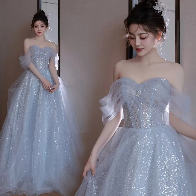 Silver Evening Dresses Off Shoulder Sequined Beaded Tulle Sweetheart ...