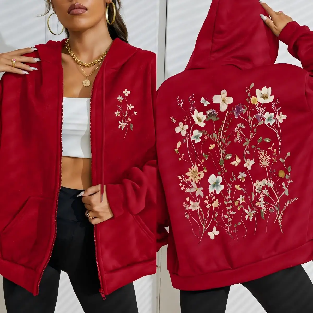 Beautiful Flower Clusters Printing Women Zipper Hoodie Vintage All ...