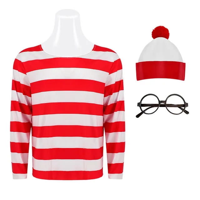 Wheres Waldo Striped Shirt Youth Kids Boys Wally Costume Shirt Glasses ...