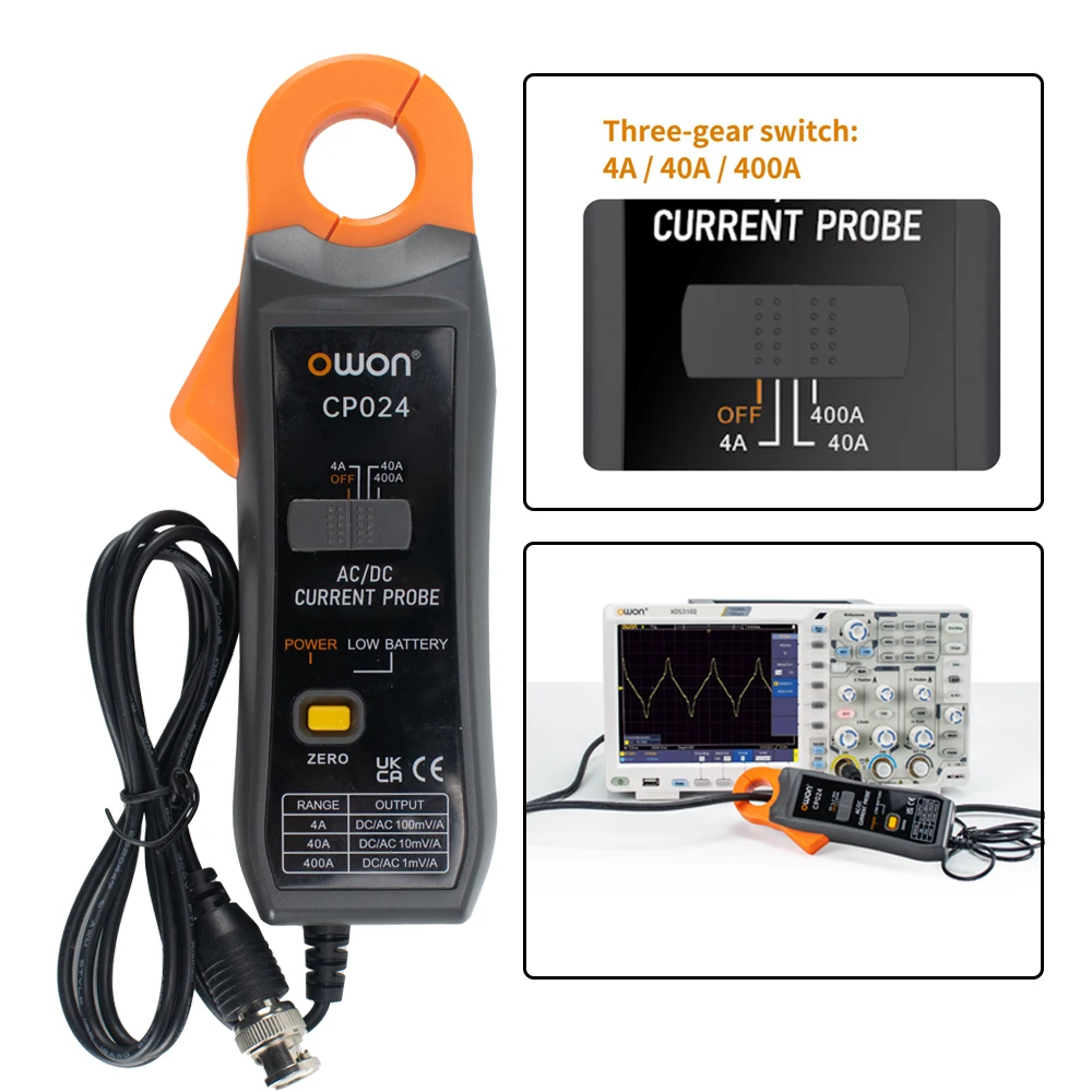 OWON-CP024-AC-DC-Clamp-Current-Probe-For-Digital-Oscilloscope-200KHZ-Bandwidth-4A-400A-Ammeter ...