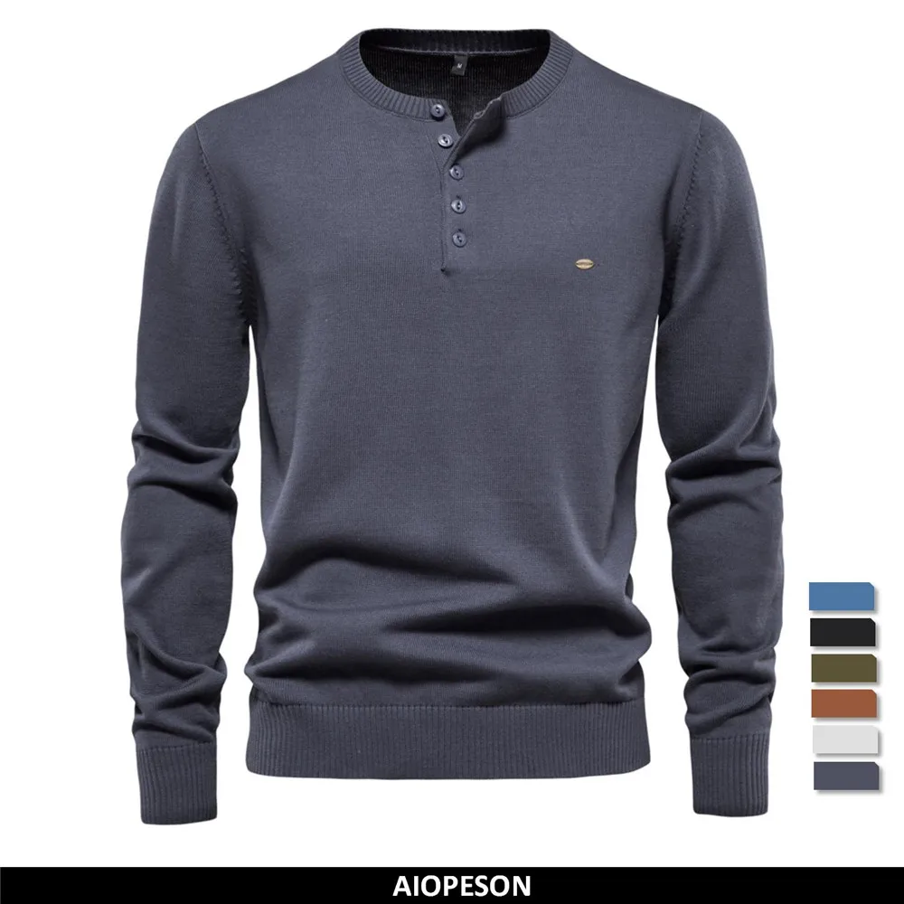 AIOPESON Henley Collar Men Sweaters 100% Cotton Solid Color Casual Men ...