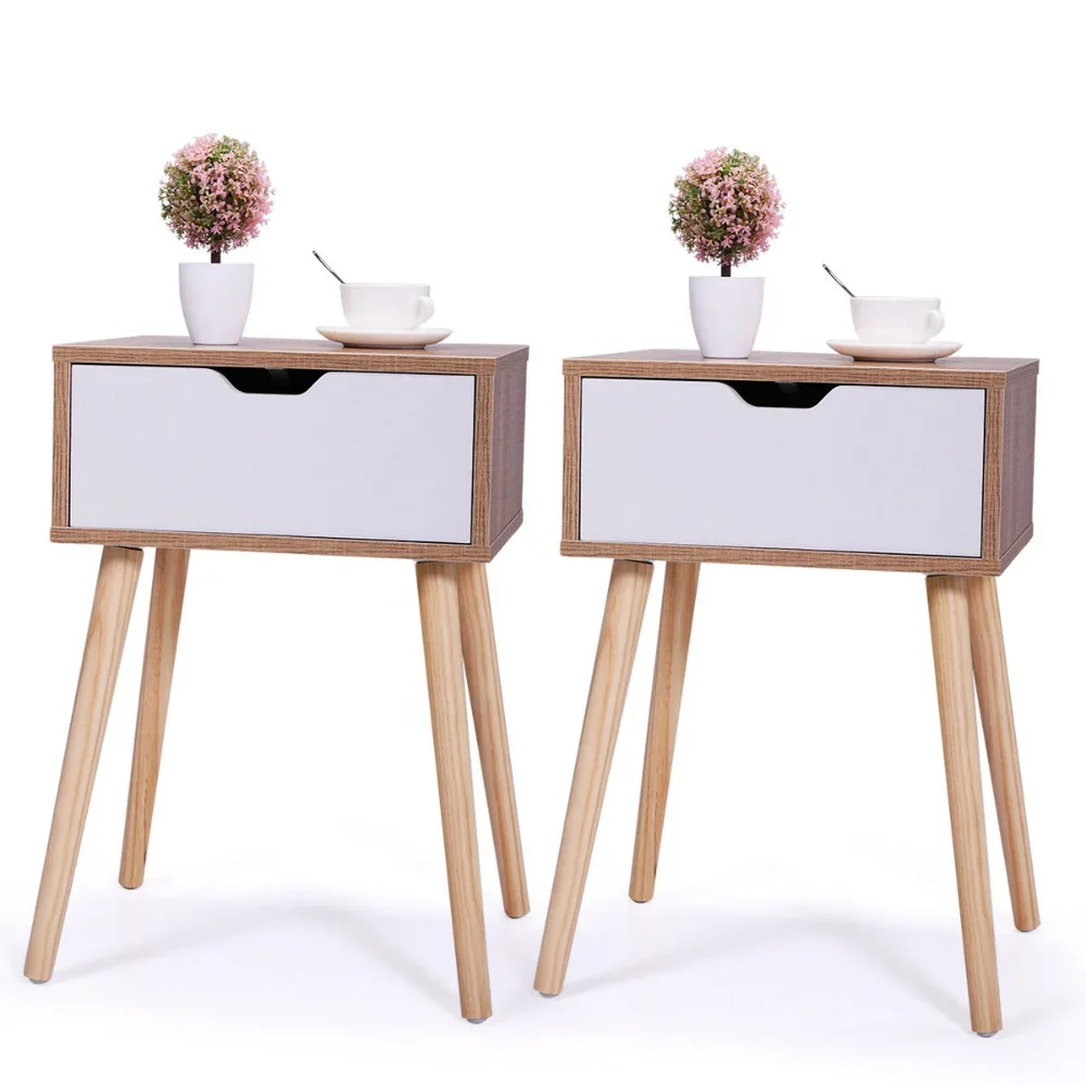 Set-of-2-Wood-Nightstand-with-Storage-Drawer-Solid-Wood-Leg-Night ...