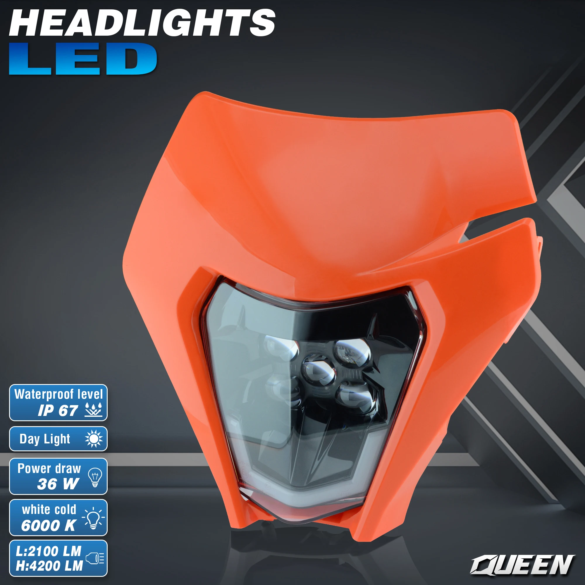 QUEEN-X-MOTOR-Motorcycle-LED-Headlight-Headlamp-Head-Light-Supermoto ...