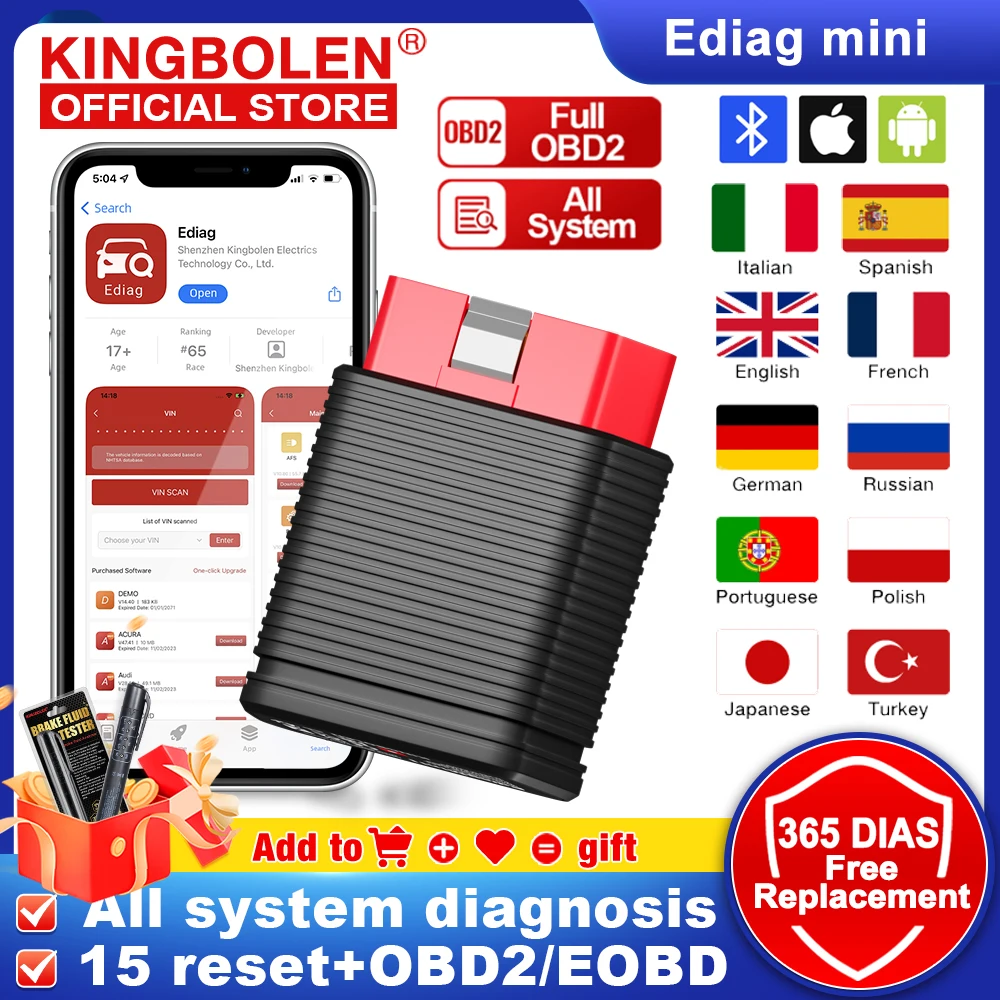 KINGBOLEN EDIAG MINI escáner OBD2 Bluetooth,15 reajustes, leer/borrar ...