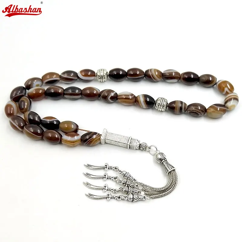 Man-Misbaha-Natural-Brown-Striped-Brazilian-Barrel-Shape-Agate-Stone ...