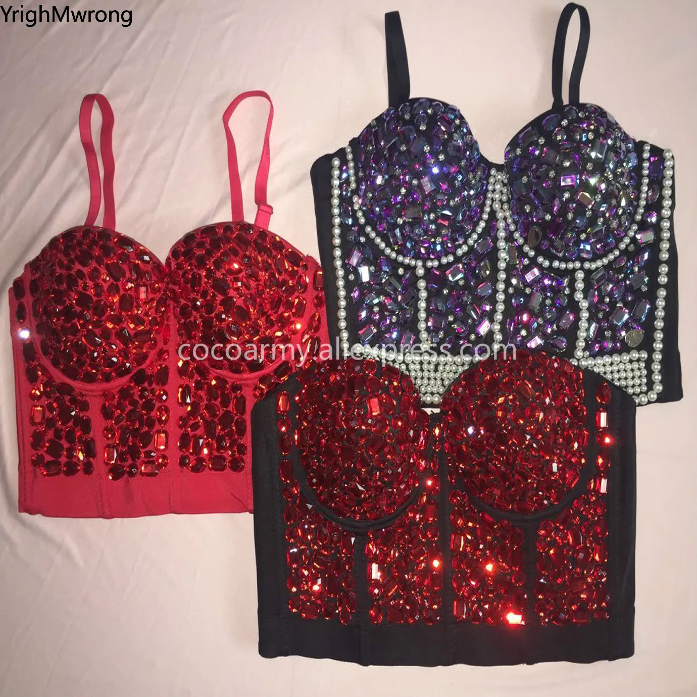 Crystal Rhinestone Diamond Sequin Rivet Pearl Corset Bras Push Up Crop ...