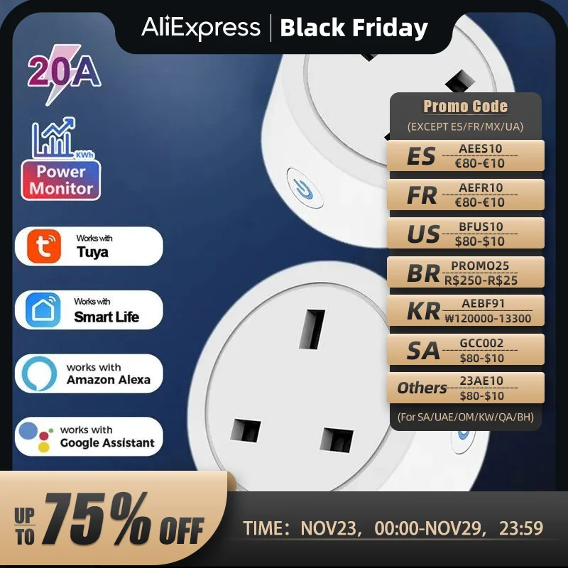 20A UK Plug TUYA WIFI Smart Socket With Power Monitor Voice Control ...