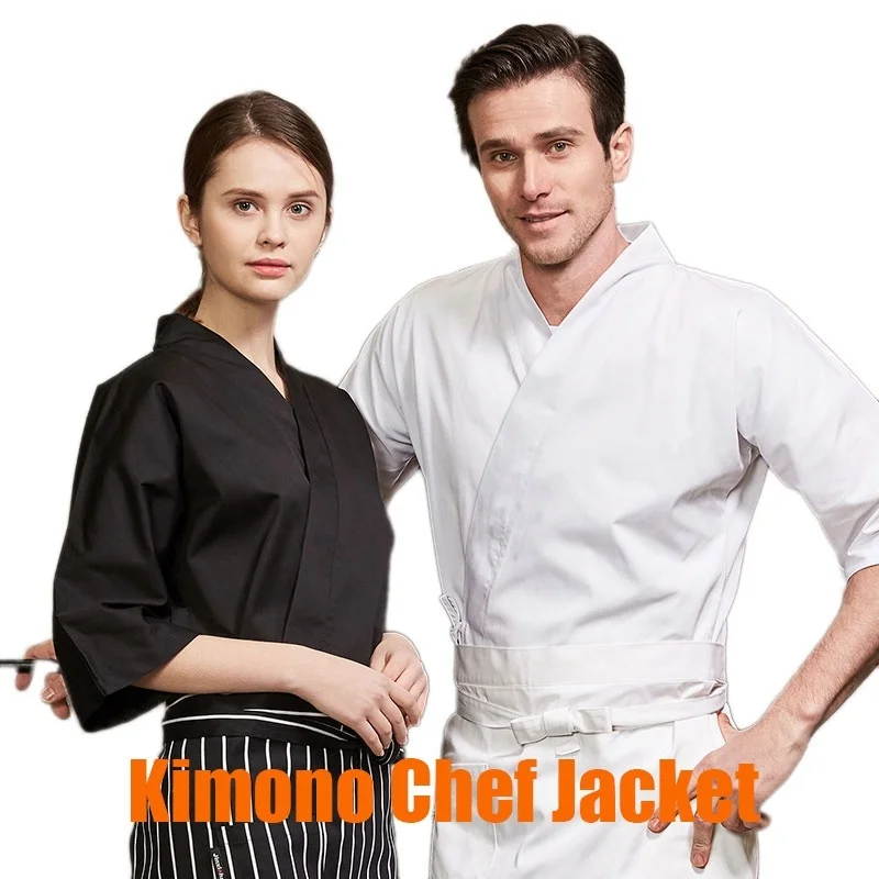Chef Restaurant Jacket Men Women Japanese Cook Coat 3/4 Sleeve Kimono ...