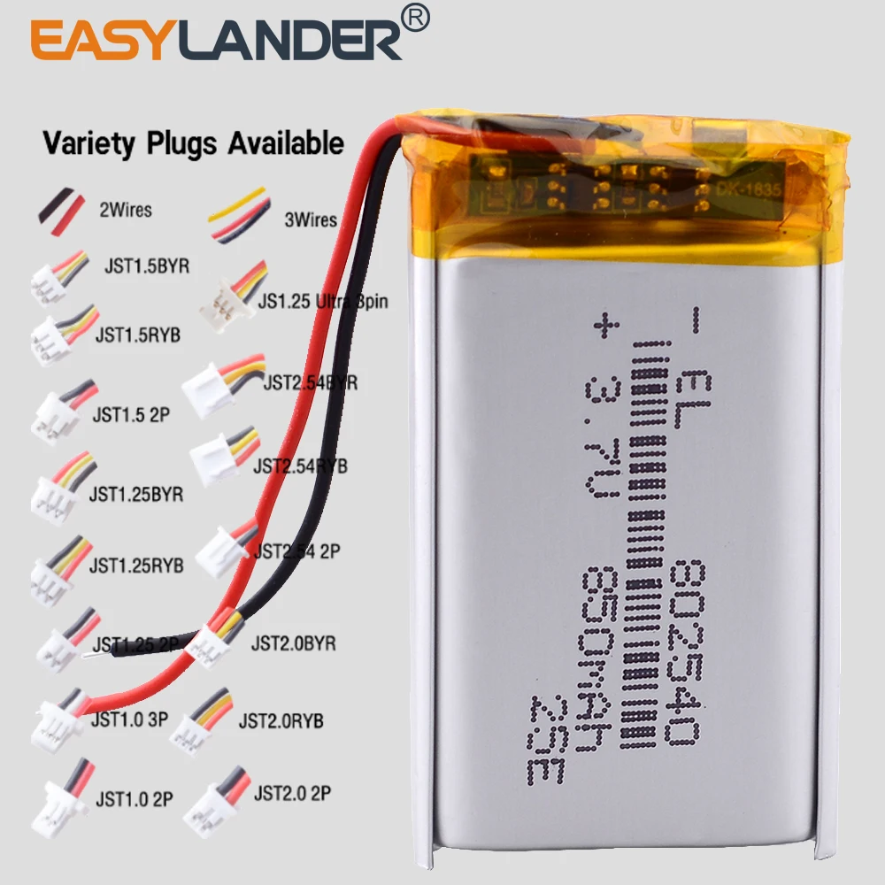 JST2.0mm 3Pin JST1.0 2P JST1.25 2P 802540 3.7V 850mAh Rechargeable ...