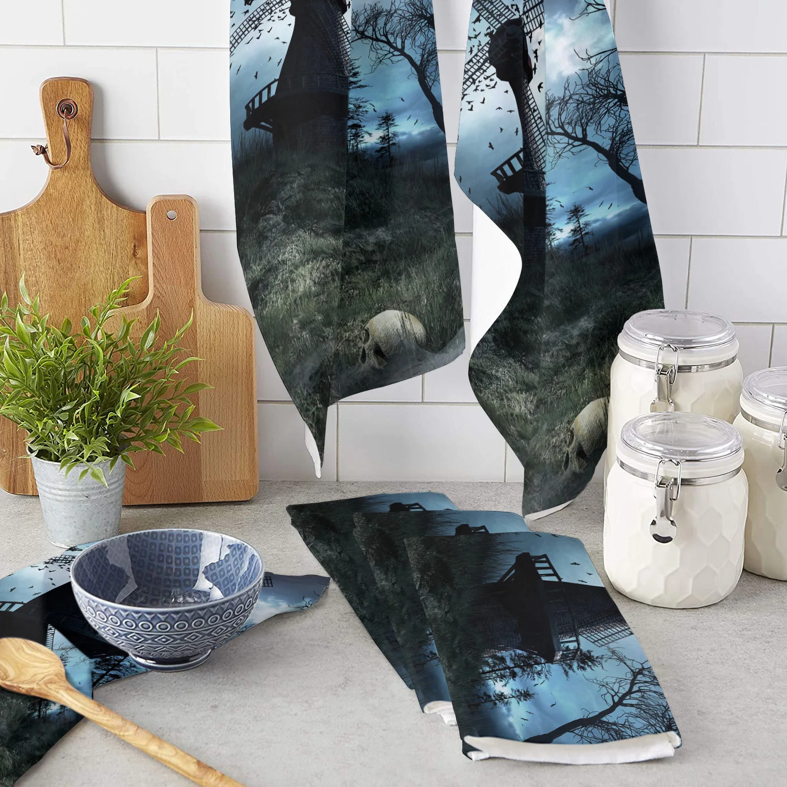 Gothic Windmill Bird Skull Head Branches Horror Tea Hand Towel Kitchen ...