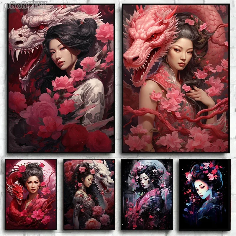 Japanese Dragon Geisha Art Poster Canvas Wall Art Paintings Elegance of ...