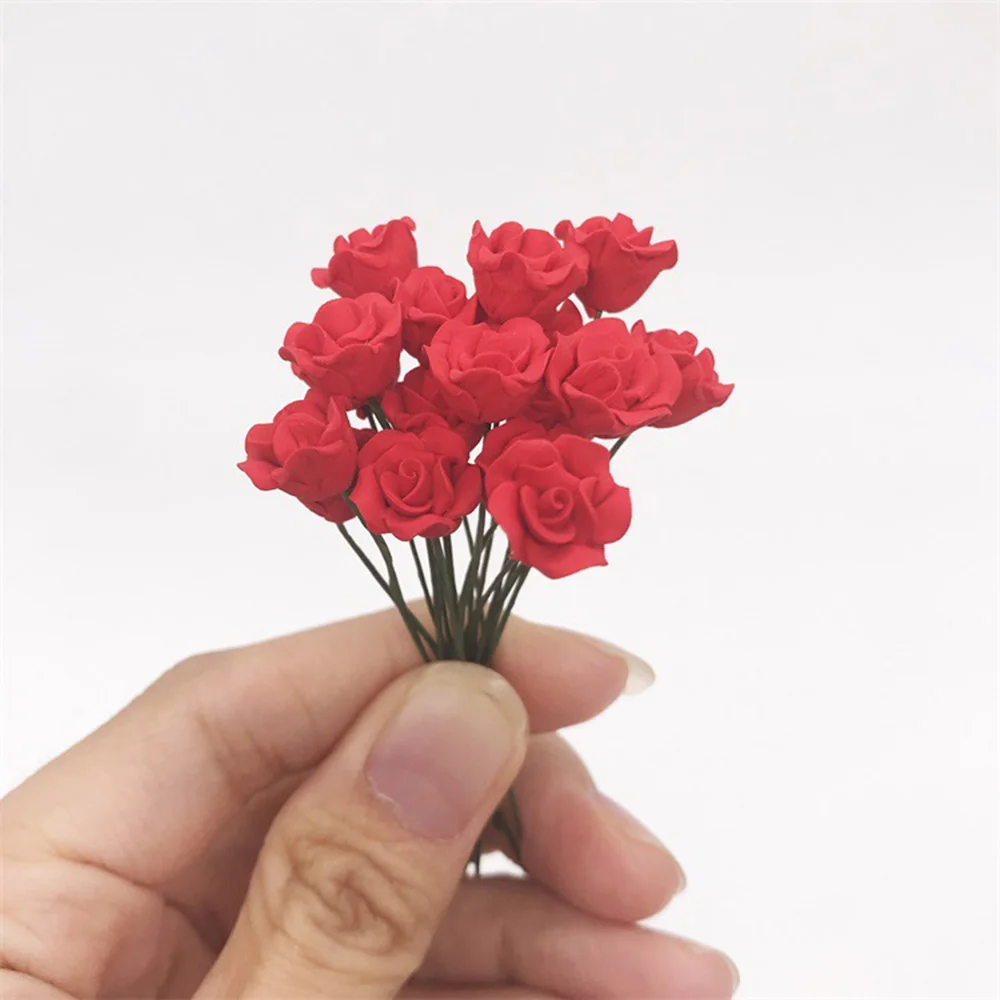 5PCS Mini Simulated Red Rose Scale Model 1:12 Dollhouse Garden Bedroom ...