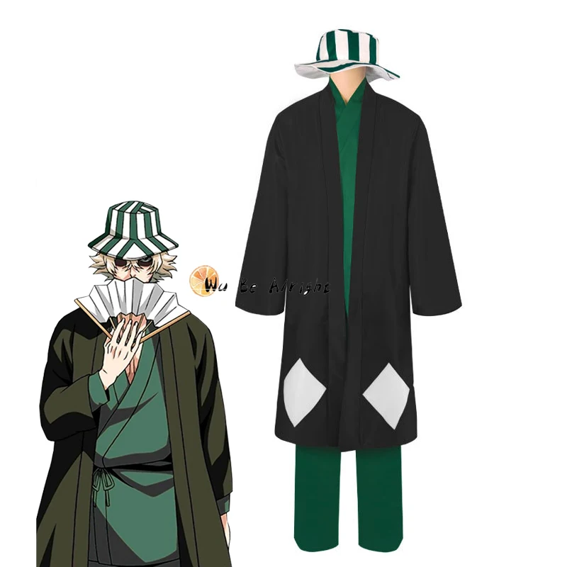 Bleach Urahara Kisuke Anime Cosplay Costume Wig Black Green Cloak Haori ...