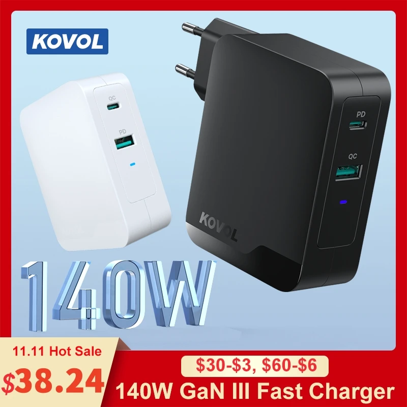 KOVOL cargador rápido GaN3 de 140W, 120W, 100W, USB tipo C, PD 3,1, QC ...
