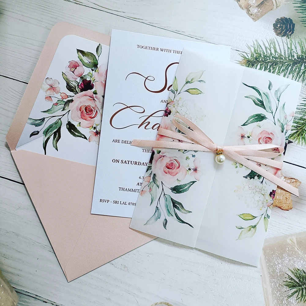 50pc-Floral-Wedding-Invitaton-Cards-with-Ribbon-and-Pearl-Light-Pink ...