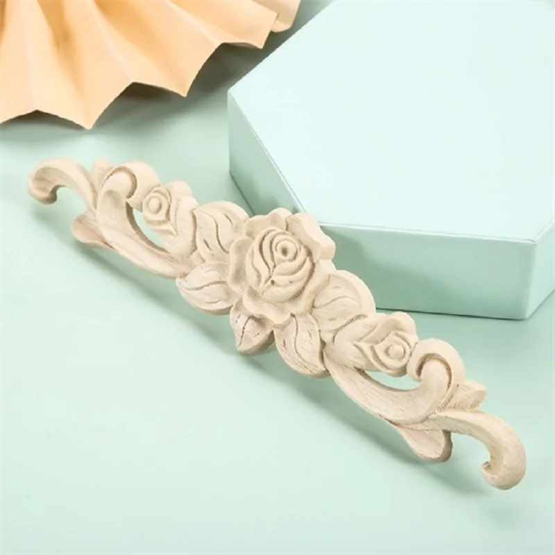1PC Wood Carved Applique Mouldings Long Onlay Unpainted Rose Flower ...