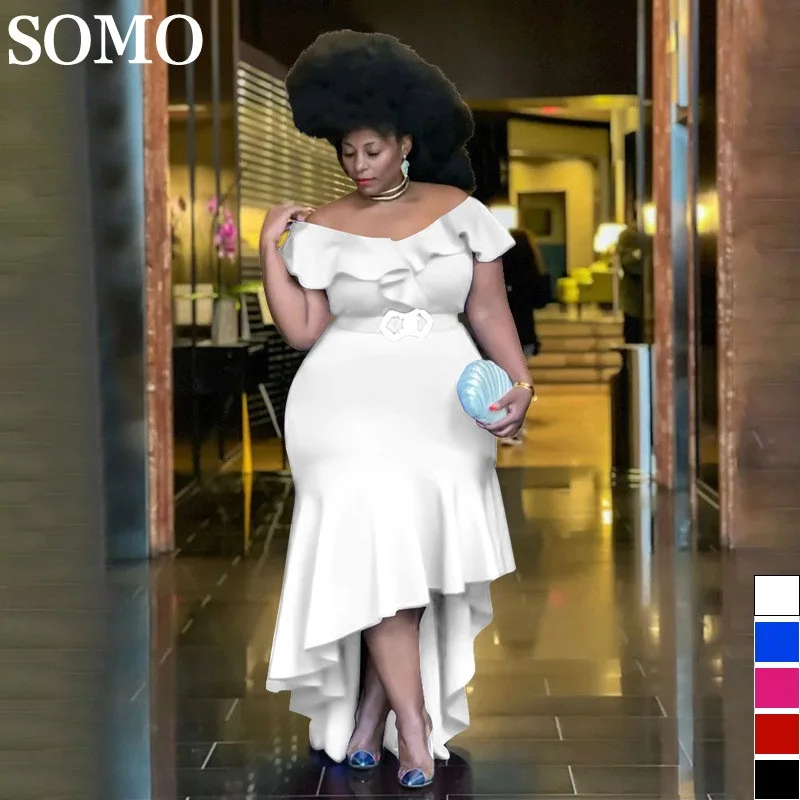 Somo Solid Evening Party Dresses For Women Plus Size Ruffles Irregular