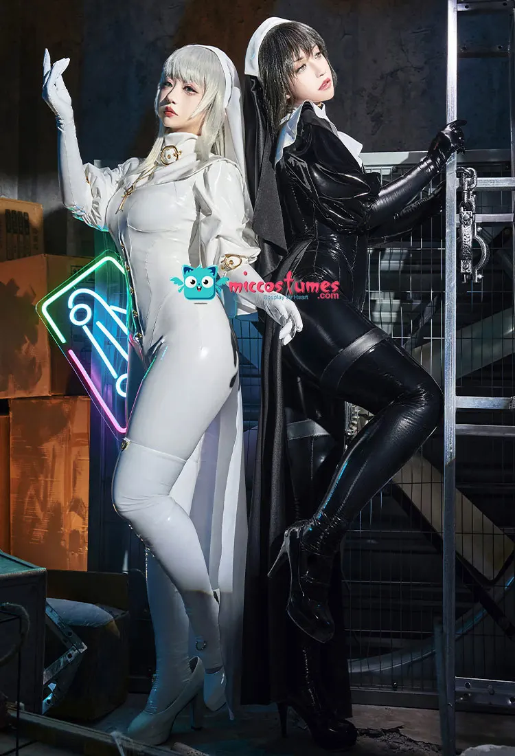 Mulheres Chowbie Sisters Mulheres Sexy Lingerie Set Preto Freira Traje Bodysuit Macacão com ...