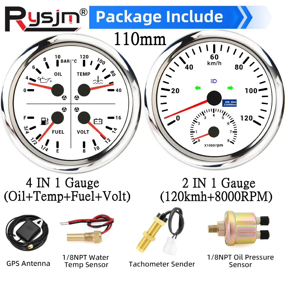 2 Gauge Set 110mm GPS Speedometer 0-200km/h w/Tacho & 4in 1 Fuel Oil ...
