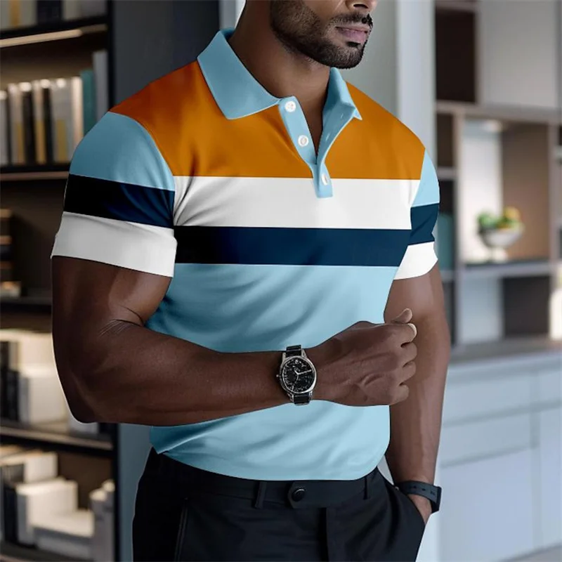 3D-Printed-Colorful-Striped-Polo-Shirt-For-Men-Color-Block-Pattern ...