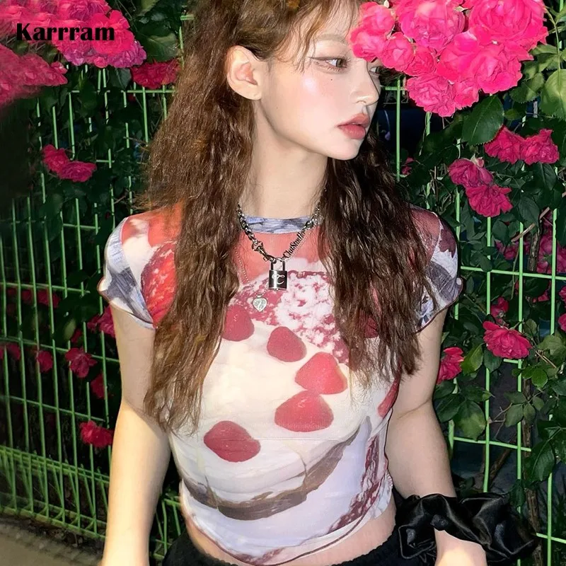 Karrram Y2k Aesthetics Mesh Tops Grunge Graphic Crop Top Korean Fashion