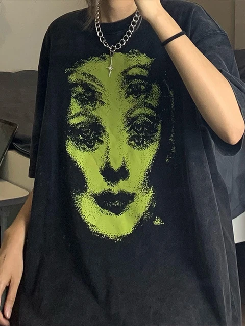 HOUZHOU Hippie Emo Graphic T Shirts Women Grunge Gothic Oversize Black ...