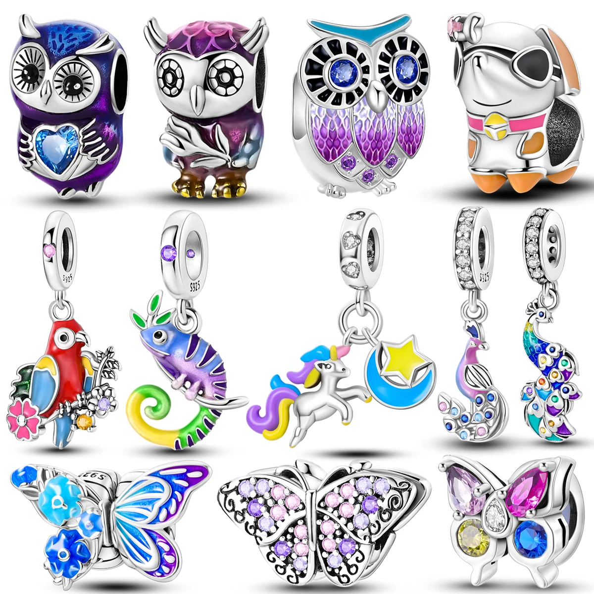 Colorful-Owl-Charms-Beads-925-Sterling-Silver-Butterfly-Peacocks-Parrot ...