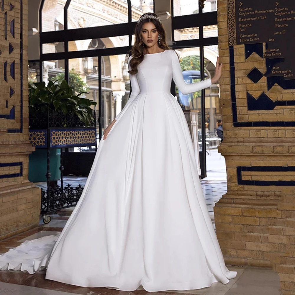 Simple Satin Wedding Dresses Women's Elegant Round Neck Princess Prom ...