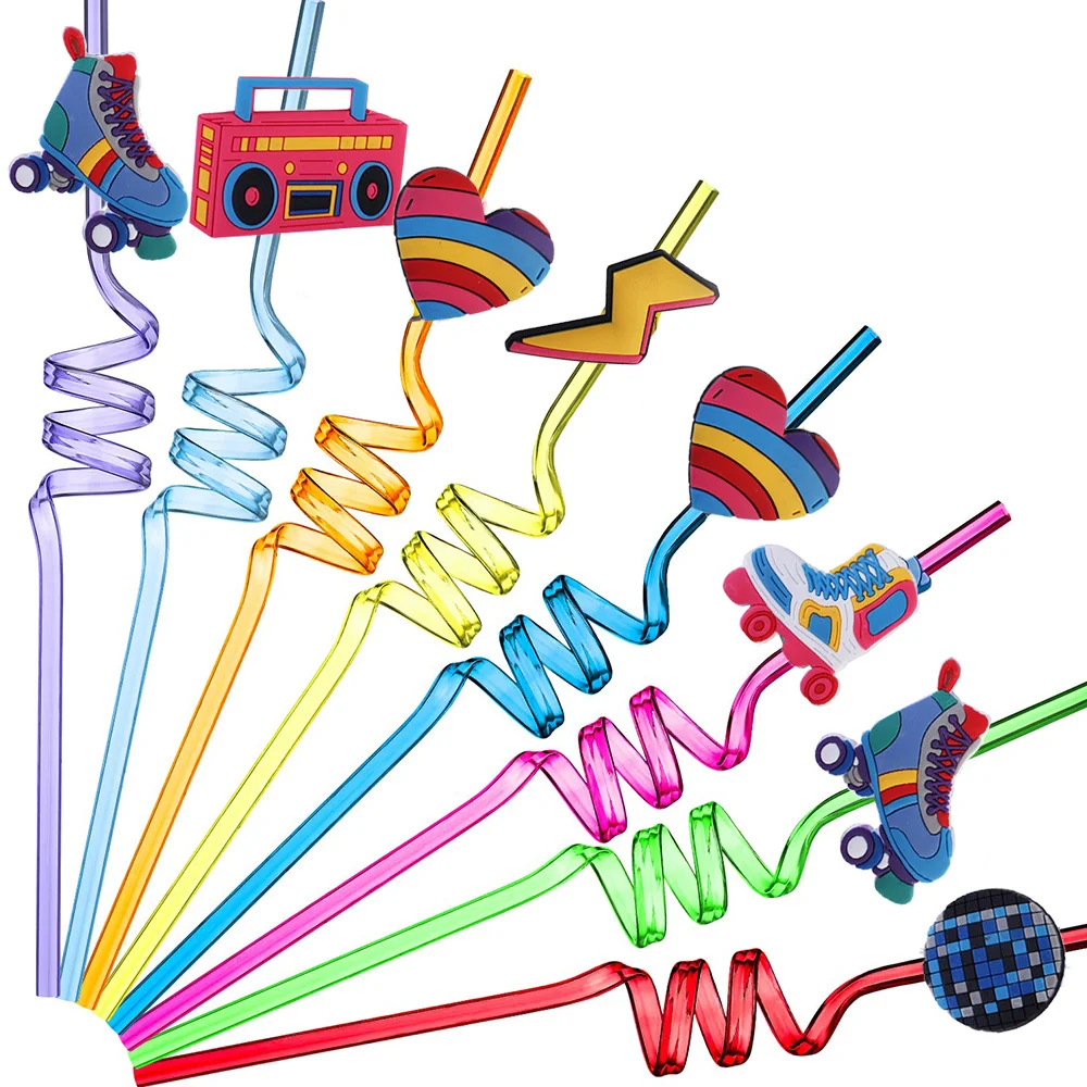 8-Pieces-80s-90s-Party-Decor-Retro-Straw-Roller-Skate-Theme-Birthday ...