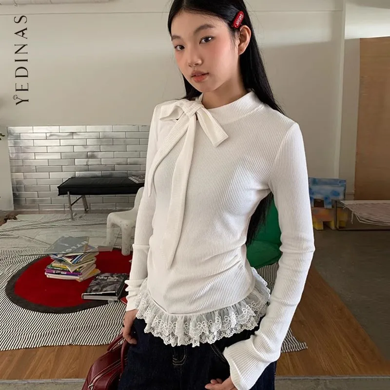 Yedinas Fairycore T-shirt Woman Long Sleeve Lace Up Bow Tees Female ...