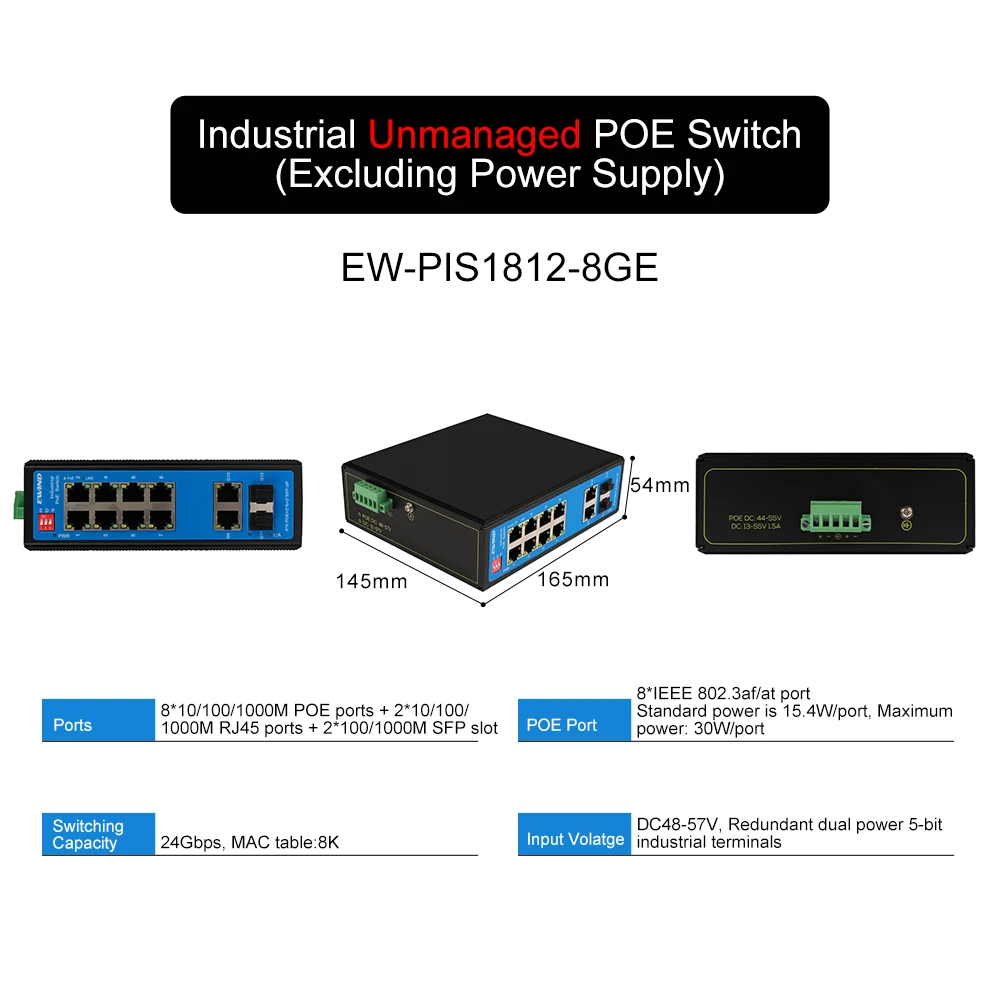 Industrial POE Ethernet Smart Fiber Switch, 12 Ports, 8 * POE + 2 ...