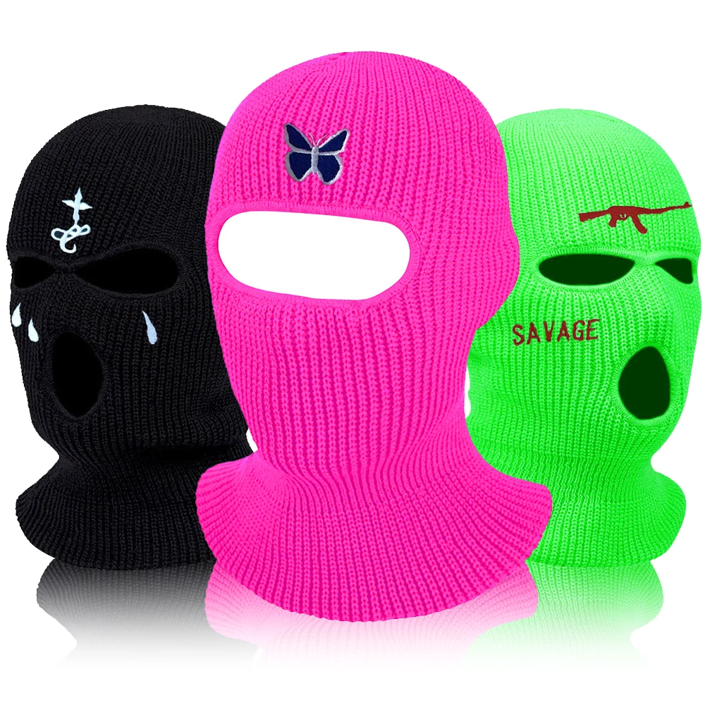 1 Hole /3 Hole Embroidery Knitted Full Face Cover Adult Winter Ski ...