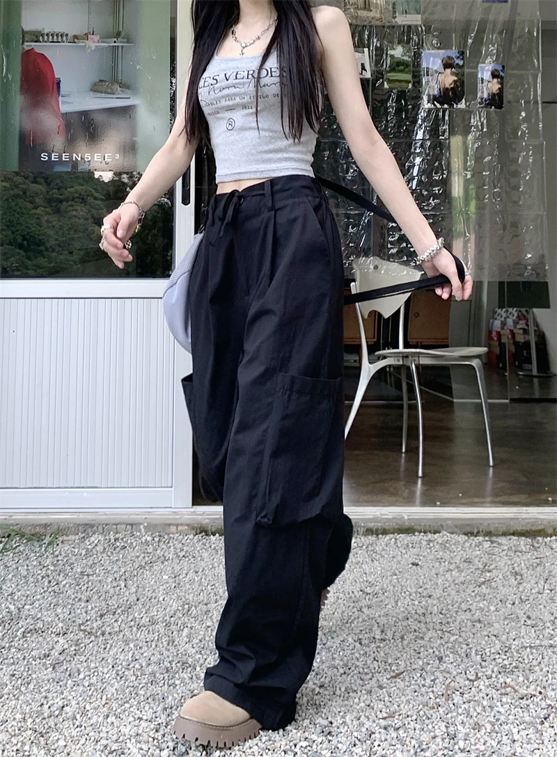 홍콩 풍미 블랙 캐주얼 바지 여성 여름 느슨한 넓은 다리 바지 높은 허리 튀김 거리 바지 스트레이트 스포츠 걸레질 바지 블랙