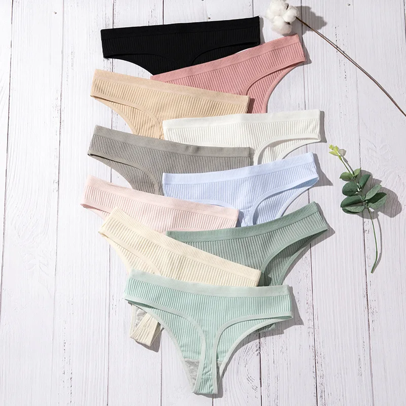Womens Panties Seamless Ribbed Thongs Low Waist Underpants Comfortable