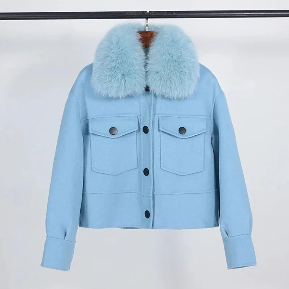 Wool Women Fur Coat New Autumn Winter Real Fox Fur Collar 10% Cashmere ...