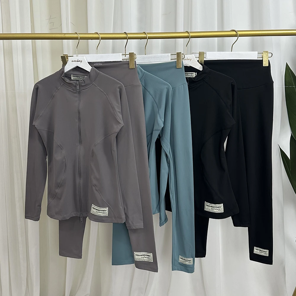 Spring-Zip-Sports-Jacket-Women-High-Waist-Solid-Flare-Split-Leggings ...