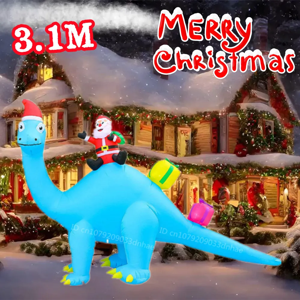 3.1M Long Christmas Inflatable Blue dinosaur carrying Santa Claus with ...