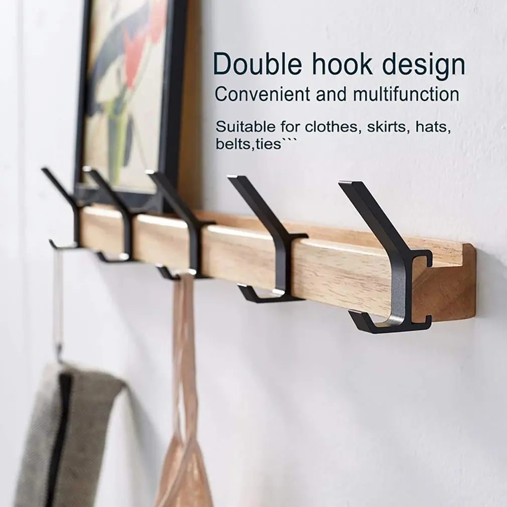 New-5-Hooks-Black-Wood-Wall-Hook-Wall-Hanging-Coat-Rack-for-Bathroom ...