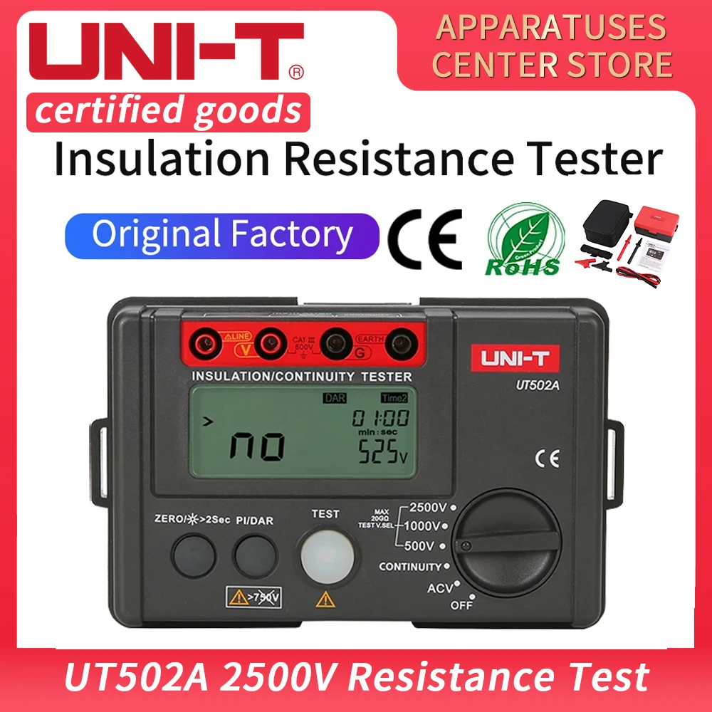 디지털 절연 저항 테스터, 메가미터 UNI T, UT502A, 500 2500V 메가옴미터, 30 600V AC 전압계, LCD ...
