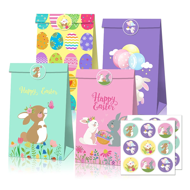 12pcs Happy Easter Party Gift Bags cartoon Egg Bunny Printed Paper ...
