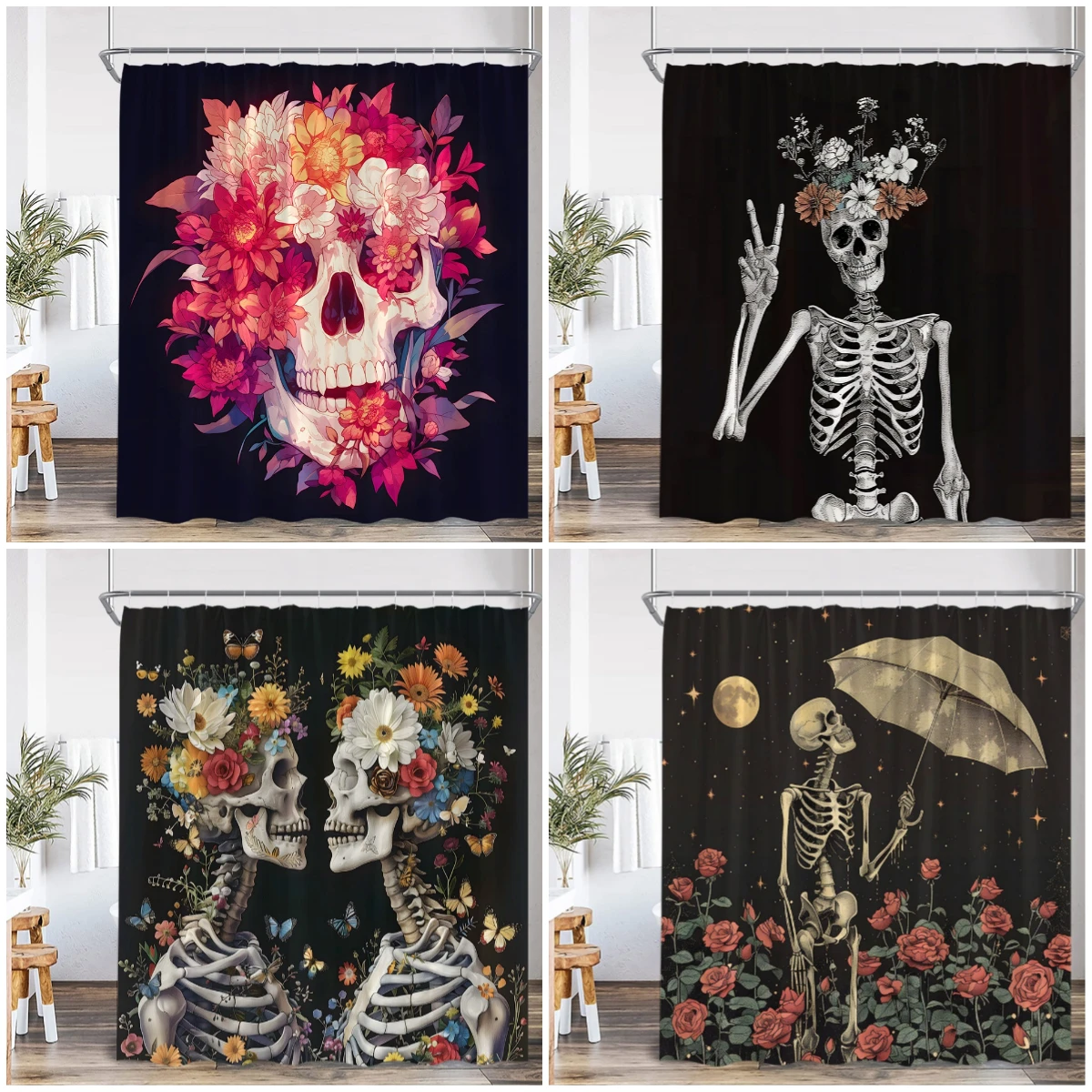 Funny-Skeleton-Shower-Curtain-Happy-Halloween-Floral-Skull-Horro ...