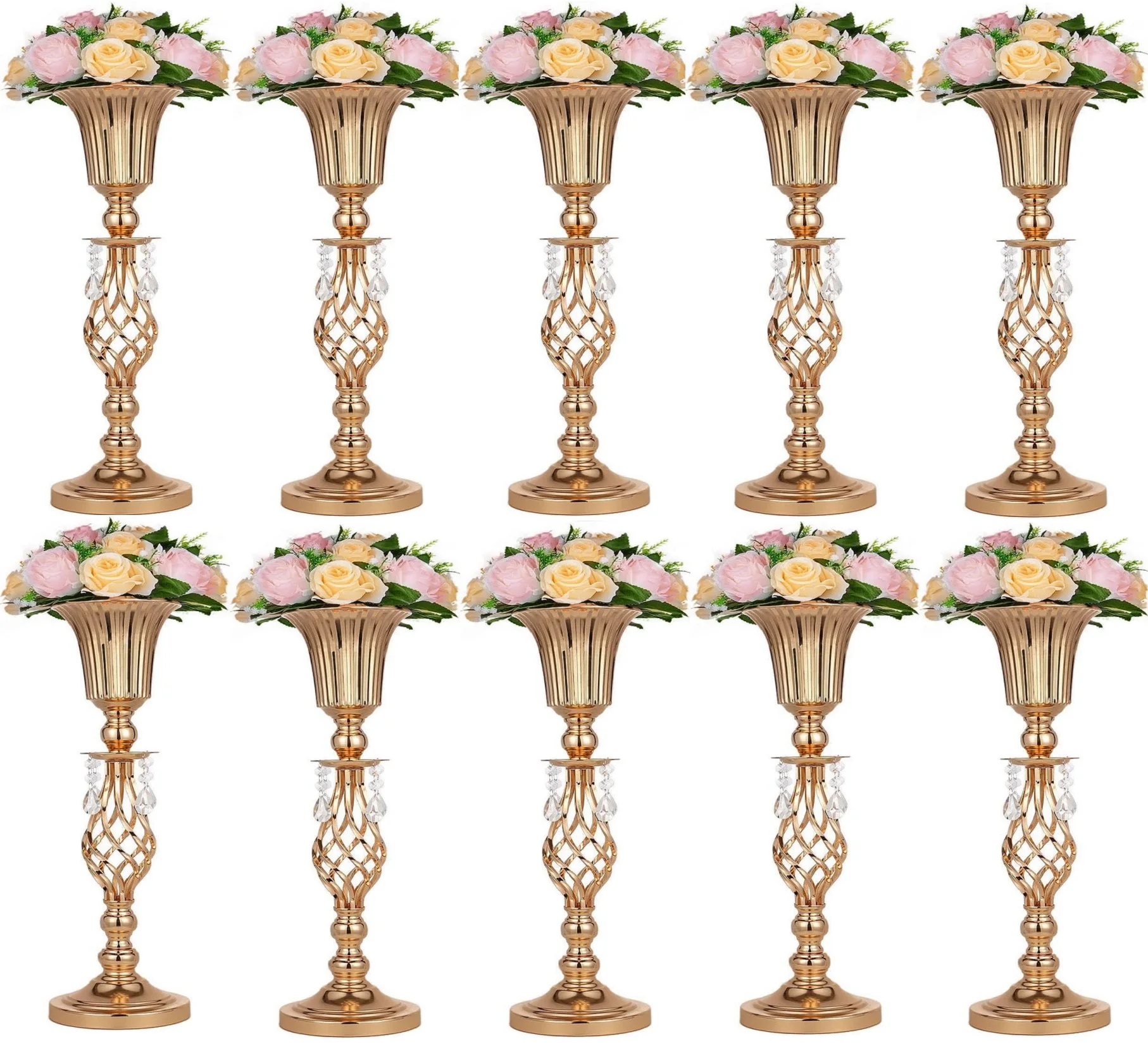 10-Piece-Metallic-Gold-Vases-Beaded-Crystal-Gold-Trumpet-Crown-Vase ...