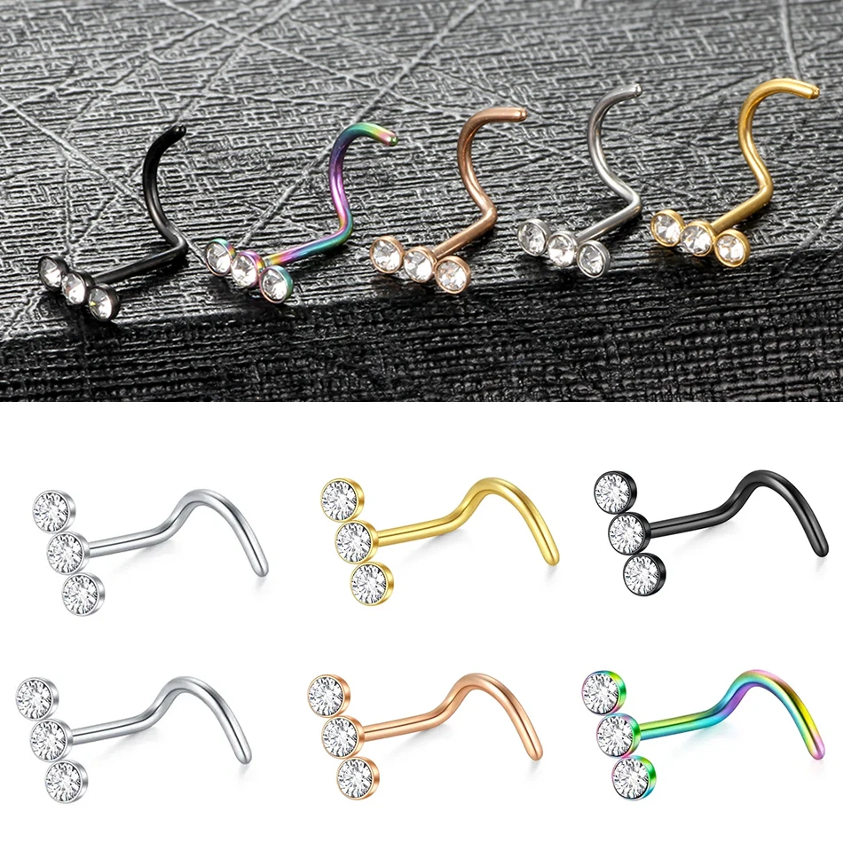 20G 7mm Stainless Steel Nose Wing Piercing Nose Screw Studs 3 Cz Gems ...
